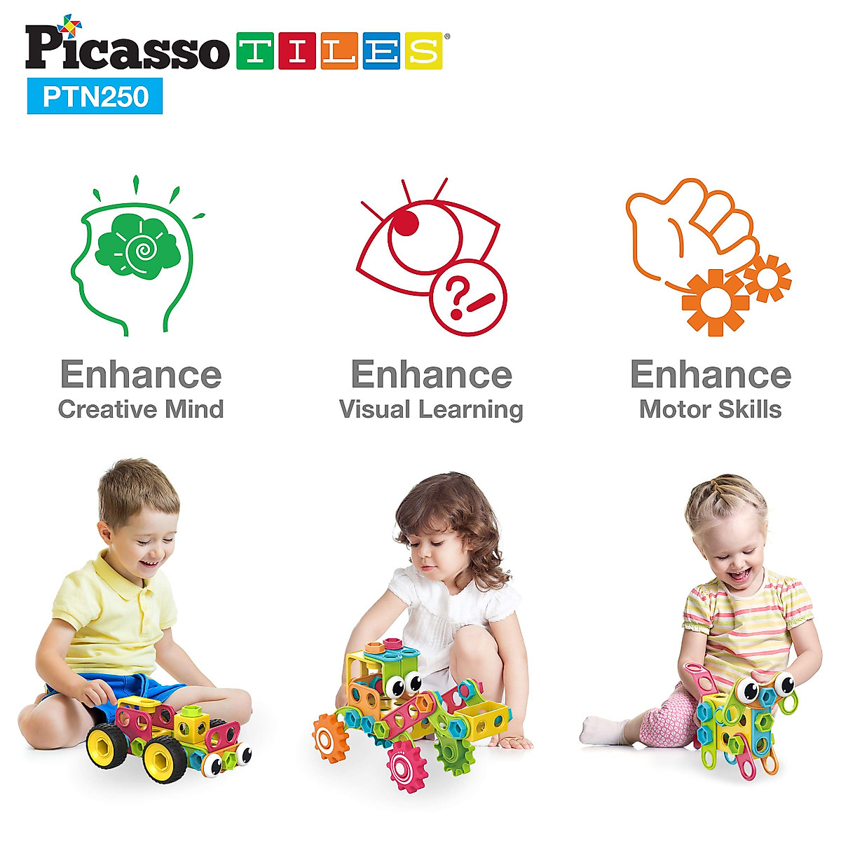 PicassoTiles STEM Learning Toys 250 Piece Building Block Kids Construction Engineering Kit Toy Blocks Children Early Education Playset w/Free IdeaBook, Power Drill, Clickable Ratchet, Age 3+ PTN250