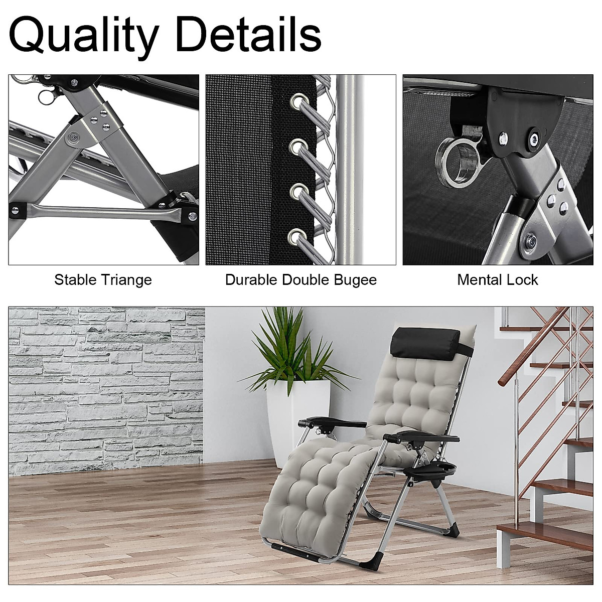 Zero Gravity Chair,Reclining Lounge Chair with Removable Cushion,Headrest & Cup Holder,Patio Reclining Chair for Indoor Outdoor,Folding Reclining Chair,Portable Chaise for Deck,Yard,Porch,Pool