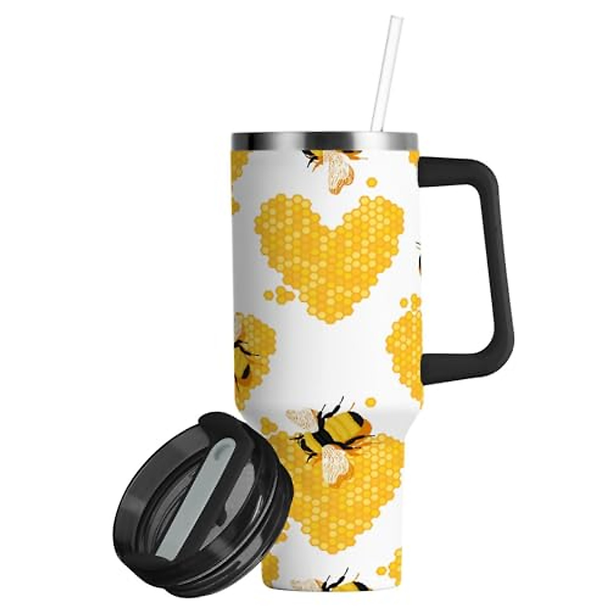 pnyoin Honey Bee Yellow Insulated Tumblers With Handle And Straw 30 oz Stainless Steel Tumbler Cups With Lid Leakproof BPA-Free Water Bottle,Cup Holder Compatible for Travel