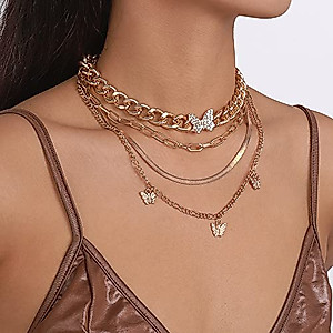 Missgrace Rhinestones Gold Butterfly Layered Choker Necklace Sparkly Jewerly Fashion Wedding Party Prom Bar Necklace Accessories for Women and Bride (Gold)