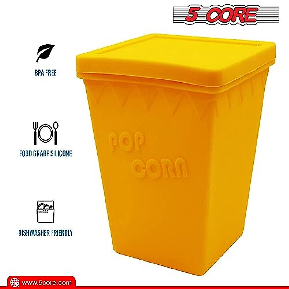 5 Core The Original Microwave Popcorn Popper, Silicone Popcorn Maker W/Lid, Reusable Jumbo Microwavable Bowl Pair - Hot Air Popper - No Oil Required - BPA-Free & Dishwasher Safe (Yellow) 2 Pack