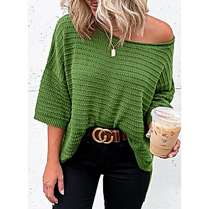 Dokotoo Womens Fashion Juniors Fall Summer Shirts and Blouses for Women 2024 Pullover Sweaters T-Shirts Off Shoulder 3/4 Sleeve Tunic Tops Loose Tee Shirts Light Green Medium