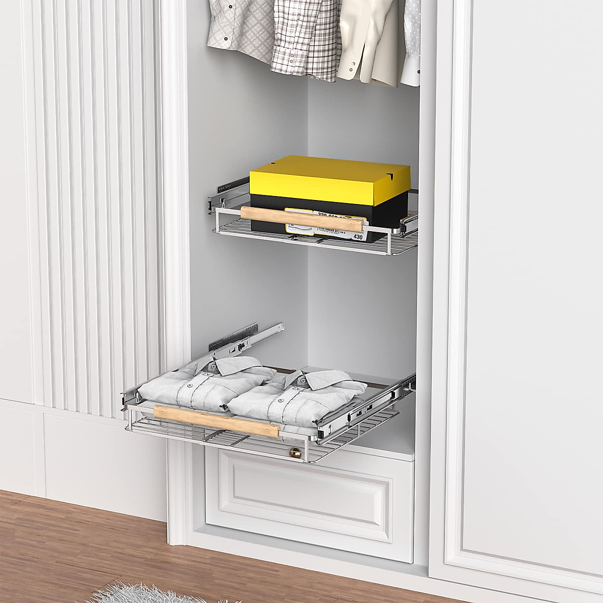 FESDOS Expandable Pull Out Cabinet Organizer Heavy Duty Under Sink Storage Basket Slide Out Cabinet Shelves Sliding Drawer Storage For Kitchen, Bathroom, Wardrobe, Wire Frame, Chrome Finish, Set of 1