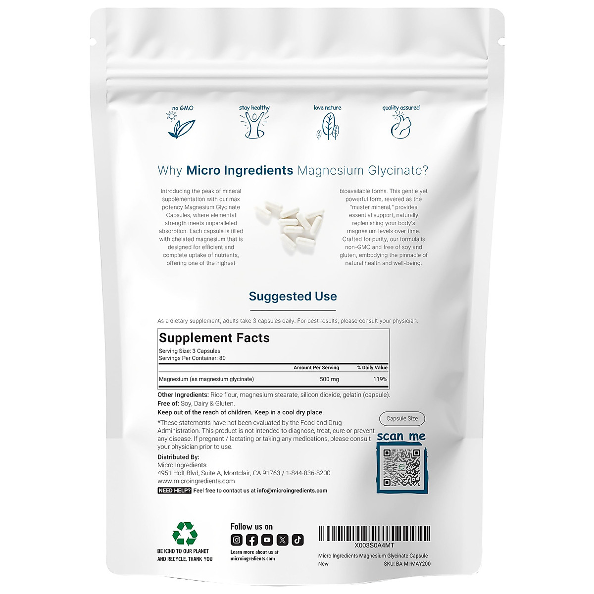 Micro Ingredients Magnesium Glycinate 500mg Per Serving, 240 Capsules | Potent Elemental Form, 100% Chelated, High Absorption | Healthy Muscle, Bones, & Mood Support Supplement | Non-GMO