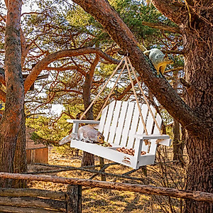 Solution4Patio White Swing Wild Bird Feeder for Outside, Metal Mesh Bottom, Cute Bench Bird Feeder or Squirrel Feeder for Yard, Porch Decoration, Large Capacity, Easy to Fill & Clean, #8455