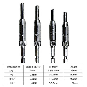 Eagles Self Centering Hinge Drill Bits for Door Cabinet - 4pcsHSS 1/4" hex Shank self Centering Predrill Bits for Woodworking,5/64" 7/64" 9/64" 11/64"
