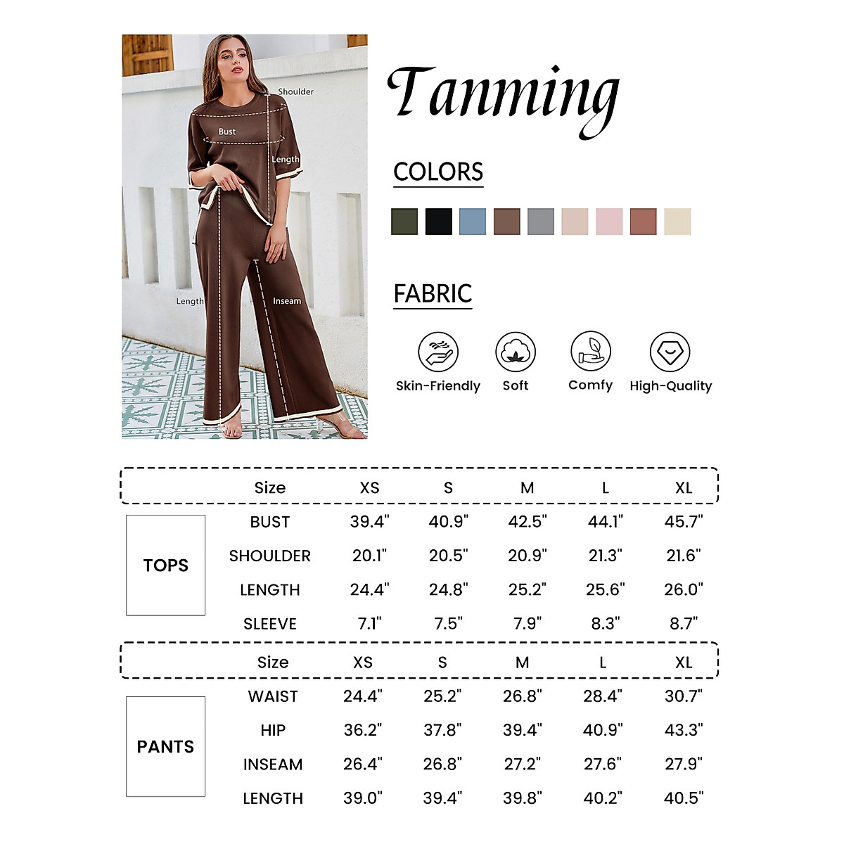 Tanming Sweater Sets Women 2 Piece Lounge Sets Short Sleeve Knit Pullover Tops Wide Leg Pants (Brown-M)
