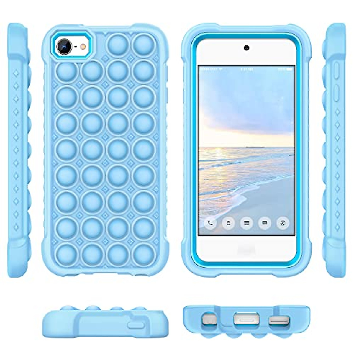 Lamcase for iPod Touch 7/6/5 Case, Push Pop Bubble Stress Relief Cute Funny Design Soft Silicone Three Layer Shockproof Protective Girls Women Cover for iPod Touch 5/6/7th Generation, Blue