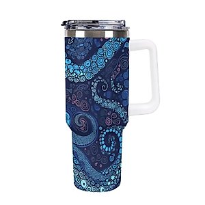 LLUTSNTH 40 Oz Vacuum Tumbler with White Handle Leakproof Insulated Tumbler Blue Octopus Stainless Steel Travel Mug with Lid And Straw Coffee Cup Cute Water Bottles Cup Holder Friendly