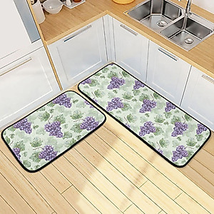 ALAZA Grapes Purple Kitchen Mat Set 2Piece,Super Absorbent Kitchen Rugs Mats Non Slip Waterproof Easy Clean Carpets Rugs for Kitchen Floor Sink Laundry Runner Area Rug Carpet
