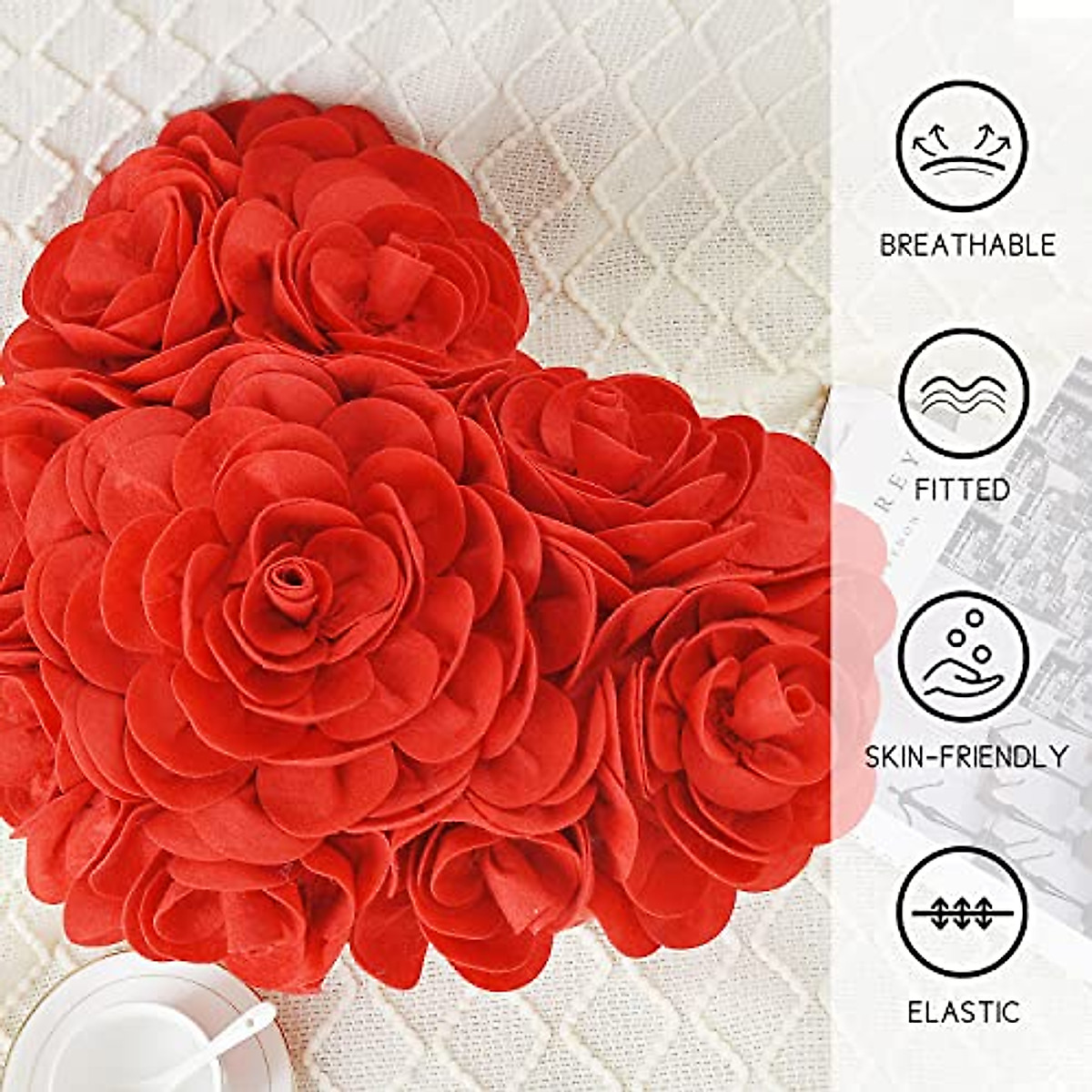 HIG Decorative Heart Throw Pillow with Insert, Aesthetic 3D Red Rose Flower Pillow for Settee Office Bedroom Living Room, Fun Romantic Couch Pillows with Handmade Vivid Petals, 18" x 15" (CORA)