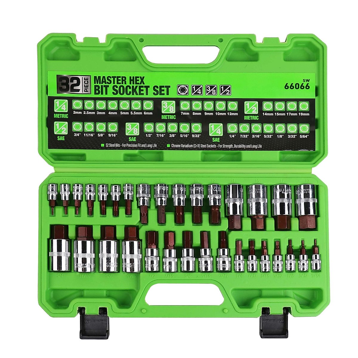 SWANLAKE 32 Piece Hex Bit Socket Set,SAE and Metric, 1/4'', 3/8', 1/2'' Drive Socket Set, S2 & Cr-V Steel
