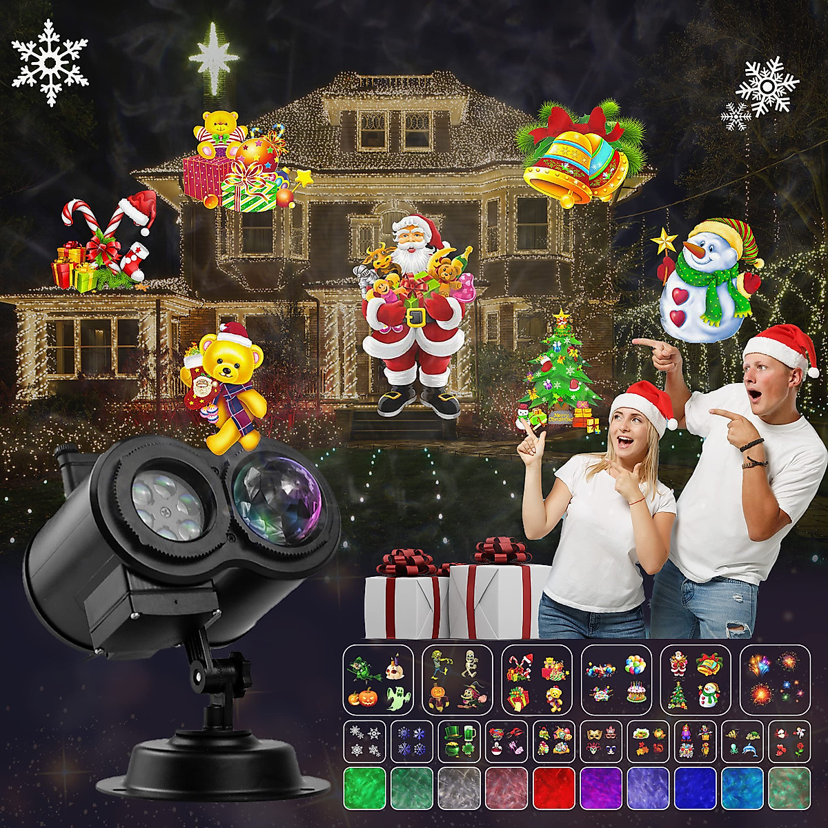 Projector Lights, Ampulla Christmas Halloween Holiday Ocean Wave Projector Lights 2-in-1 26 HD Effects 16/24 Pattern Slides Outdoor Indoor Xmas Theme Party Yard Garden Decorations… (16 HD Slides)