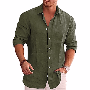 COOFANDY Men's Linen Shirt Textured Designer Western Work Regular Fit Shirt Army Green