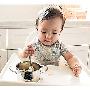 Kiddobloom Baby Stainless Steel Utensil Set. Education Series. Stainless #304 (18/8) 5pc Set (2 Spoons, 2 Forks, 1 Baby Butter Spreader/Food Pusher). Suitable for Baby Feeding/Weaning. Elegant Gift