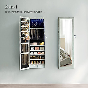 SONGMICS 6 LEDs Mirror Jewelry Cabinet, 47.2-Inch Tall Lockable Wall or Door Mounted Jewelry Armoire Organizer with Mirror, 2 Drawers, 3.9 x 14.6 x 47.2 Inches, Rustic Green UJJC93UJ