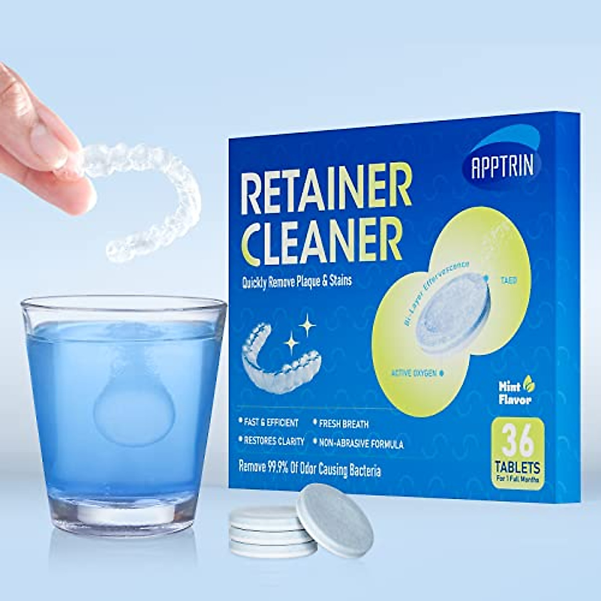 APPTRIN Retainer Cleaner Tablets Denture Cleansing Tablets for Night & Mouth Guard, False Teeth Cleaning, Removes Odors Stains Plaque Mint Flaver (White 36Pcs)