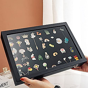 Pursuestar Black Dustproof Pin Display Case Shadow Box Frame with Hooks for Military Medal Jewelry Pin Badge Rings Necklaces Bracelets- 11x8 Inch