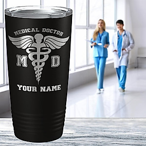 Personalized MD Medical Doctor Gift on Black 20 oz Stainless Steel Tumbler with Lid - Insulated Cup - Custom Travel Mug