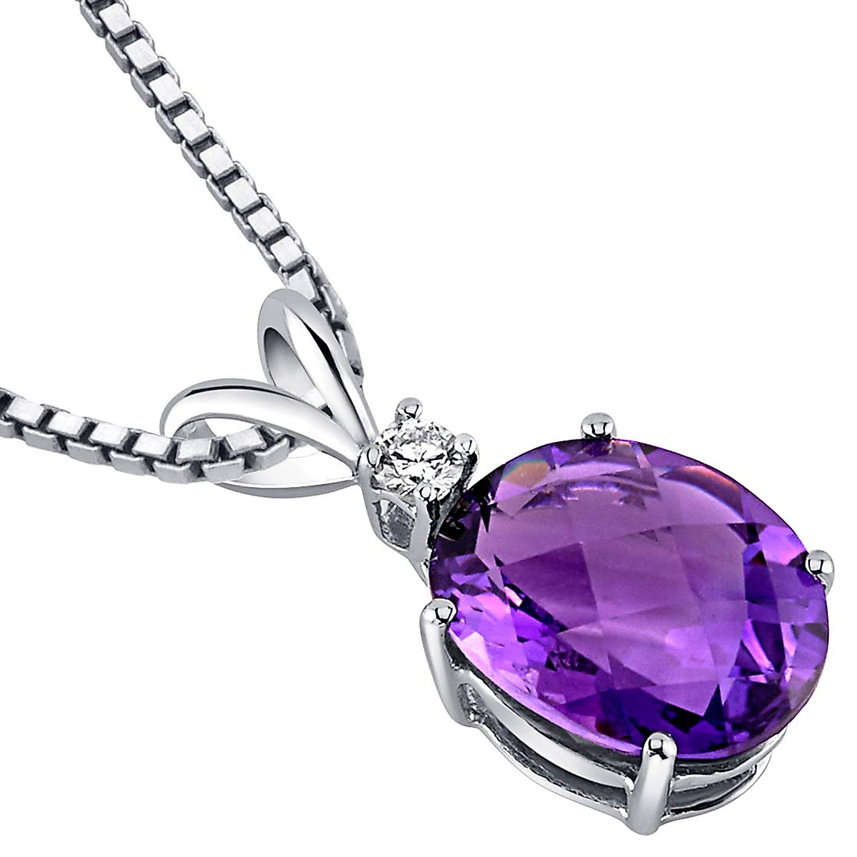 PEORA Solid 14K White Gold 2 Carats Amethyst with Diamond Pendant for Women, Genuine Gemstone Solitaire, Oval Shape 10x8mm