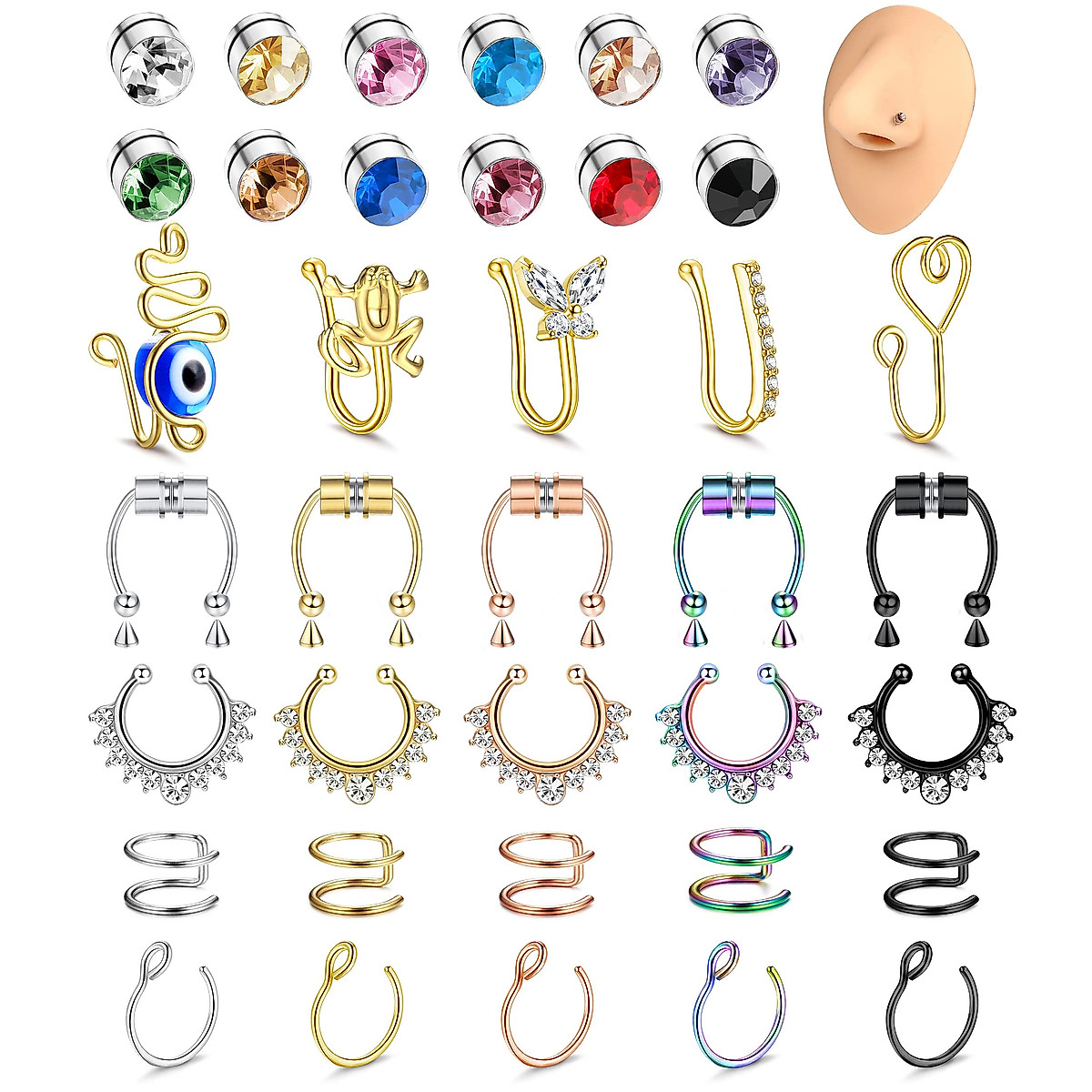 JOERICA Fake Nose Ring Magnetic Nose Ring Nose Stud Fake Nose Piercing Magnet Faux Nose Ring Frog Gold Nose Cuffs for Non Pierced Nose
