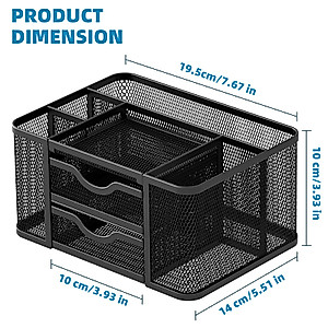 Marbrasse Mesh Desk Organizer, Pen Organizer with 2 Drawer, Multi-Functional Pencil Holder for Desk, Desk Organizers and Accessories with 5 Compartments + Drawer for Office Art Supplies (Black)