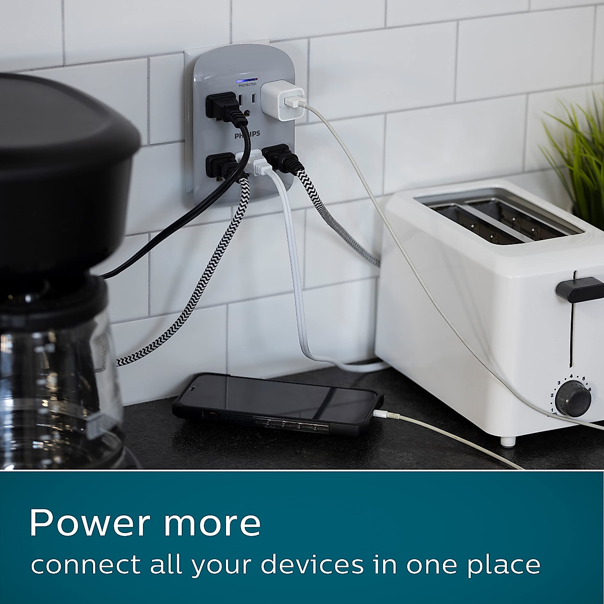 Philips 6-Outlet Extender Surge Protector, 900 Joules, 3-Prong, Space Saving Design, Protection Indicator LED Light, 4 Pack, Grey, SPP3469GR/37