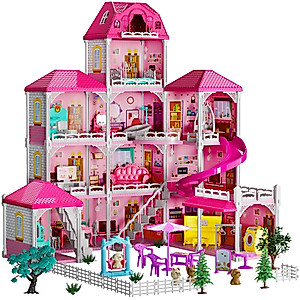 TEMI Villa Toys for 3 4 5 6 7 8 Years Old Girls - 4 Storeys 12 Rooms, Indoor Playset with 2 Dolls Toy Figures, Toys Furniture and Accessories, Pretend Girls Plays, Building Toys, Gifts Toy