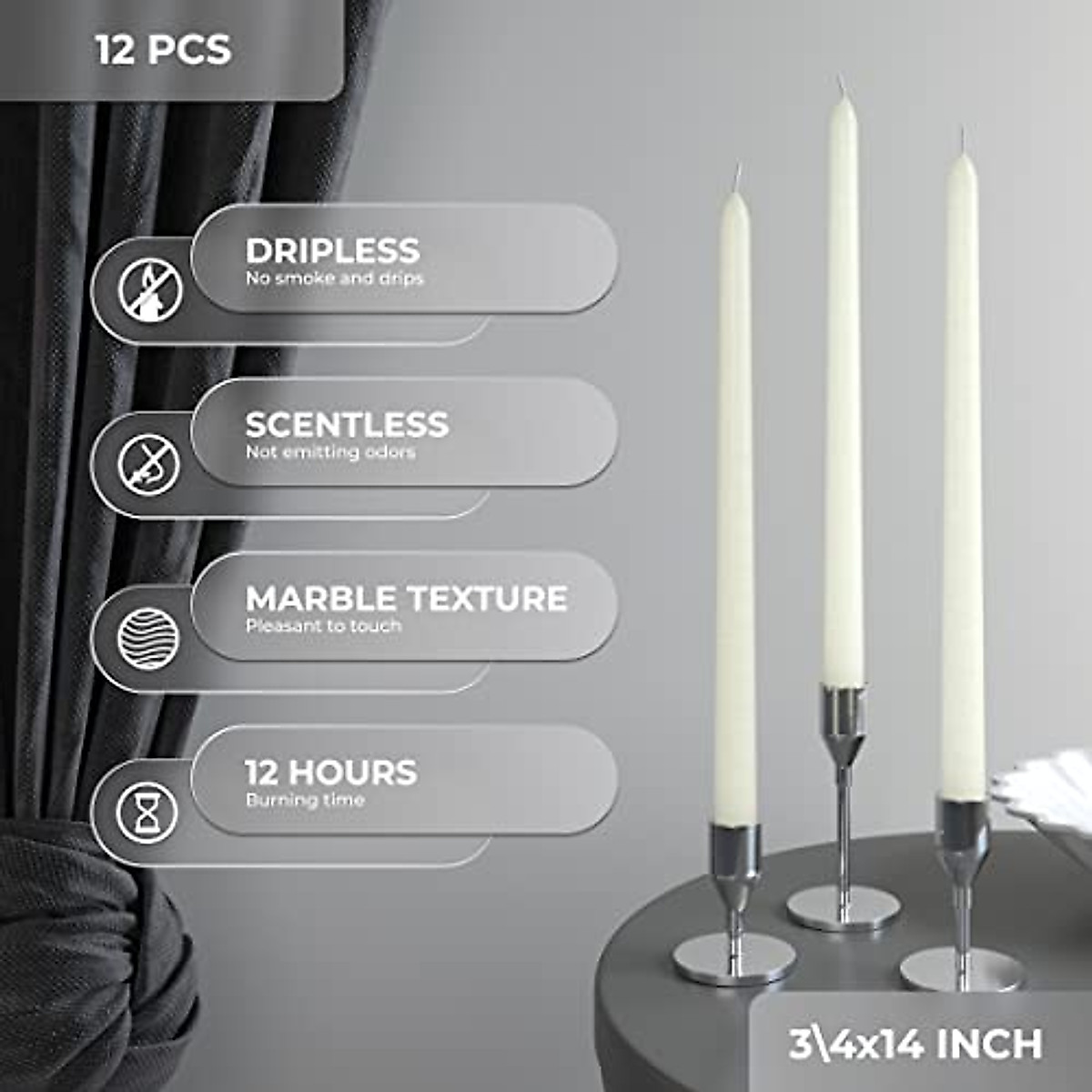 CANDWAX Ivory Taper Candles 14 inch Dripless - Set of 12 Tapered Candles Ideal as Dinner Candles - Smokeless and Unscented Taper Candles Long Burning - Hand Poured Tall Candlesticks