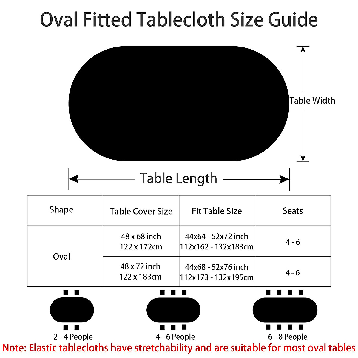 Wolkemer Fitted Oval Tablecloth Spandex Stretch Black Cocktail Table Cover Elastic Edge Topper Cap for Dining Wedding Party Picnic 48 x 72 Inch