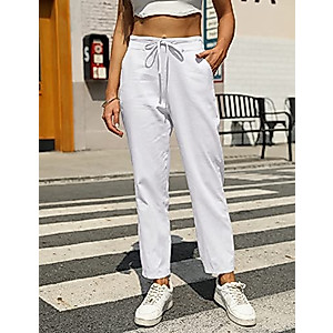 Tanming Linen Pants for Women Summer Casual High Waisted Drawstring White Beach Pant (White, M)