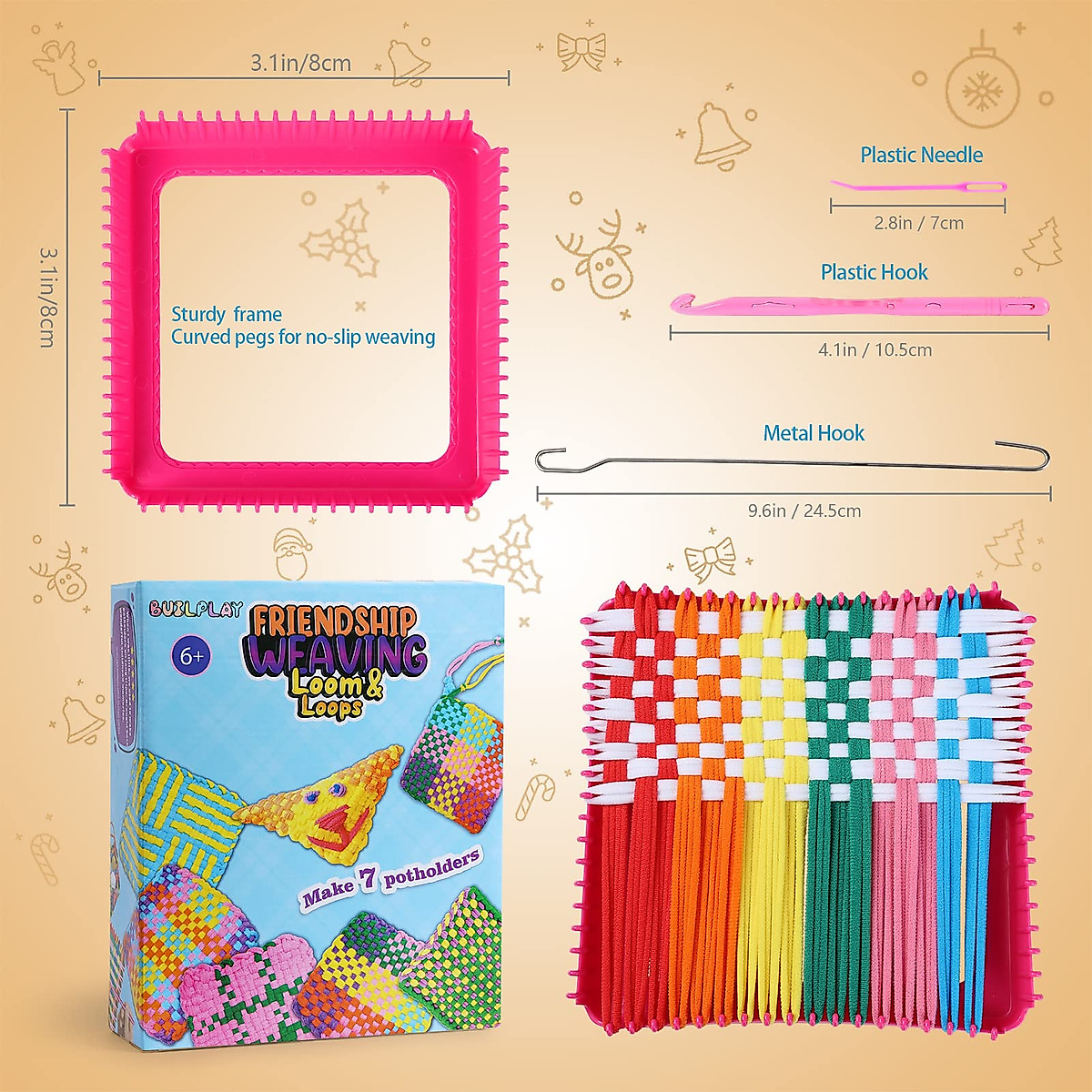 BUILPLAY Weaving Loom for Kids, Makes 7 Potholders, 288 Loops in 8 Colors, Craft Kits for Girls Age 6+