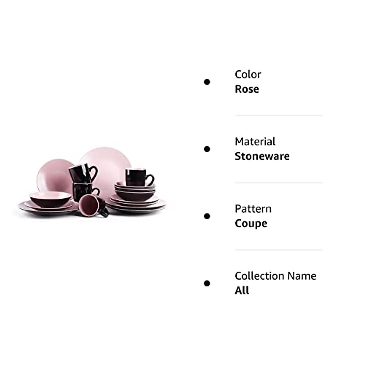 HomeVss Stoneware Two-Tone Colors Life 16pc Dinner Set，Outside Shiny Black + Inside Matte Glaze Rose