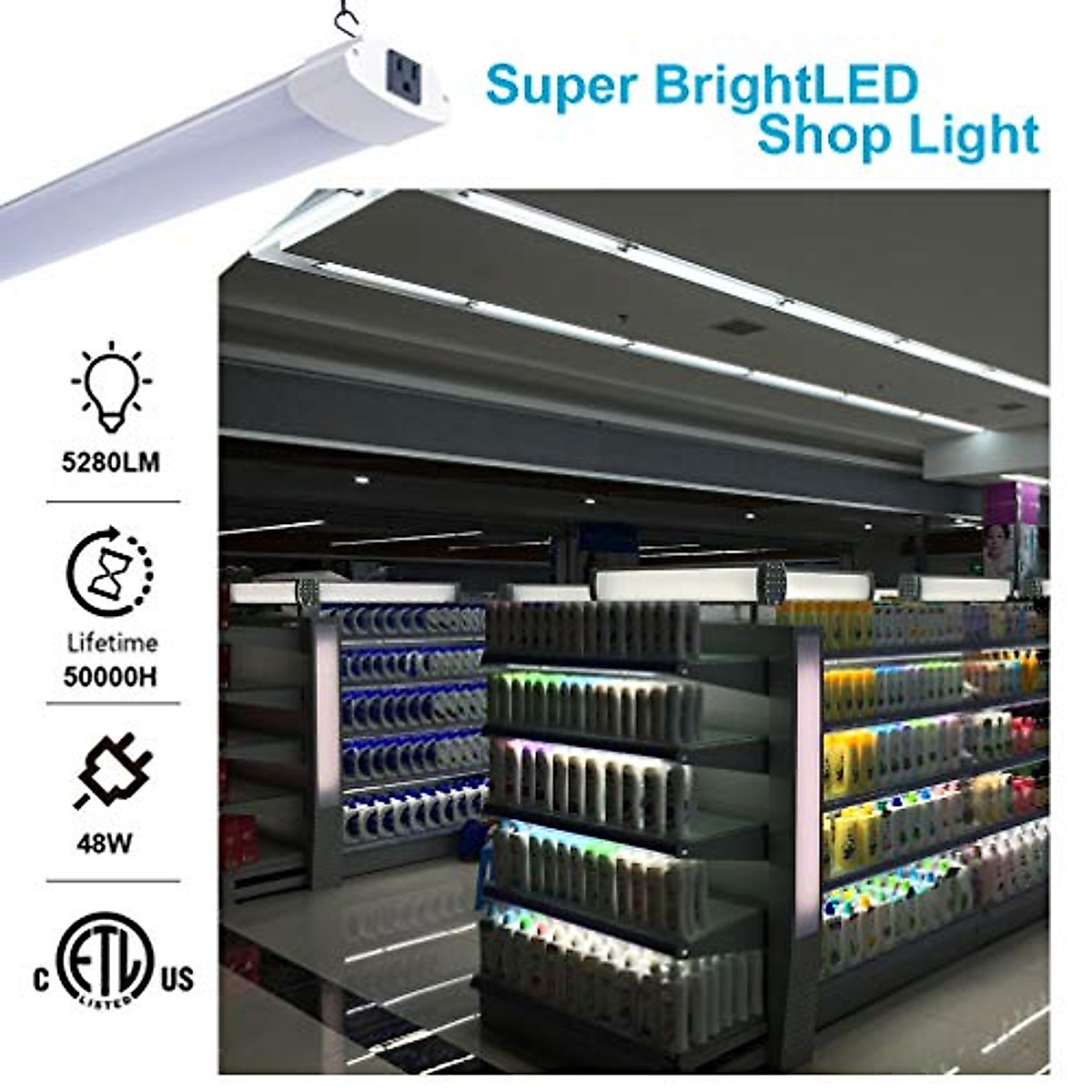 HOLDWILL 2 Pack LED Shop Light,4FT 48W Linkable Utility Integrated Ceiling Lighting Fixture, 3 CCT Selectable 3KK/4KK/5KK Hanging Mount with Pull Chain LED Workbench Light for Workshop