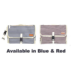 Simple Being Portable Changing Pad, Travel Diaper Canvas Clutch Mat, Diaper Bag Essential with Storage Pockets for Wipes and a Supportive Foam Head Pillow Padding (Navy Stripe)