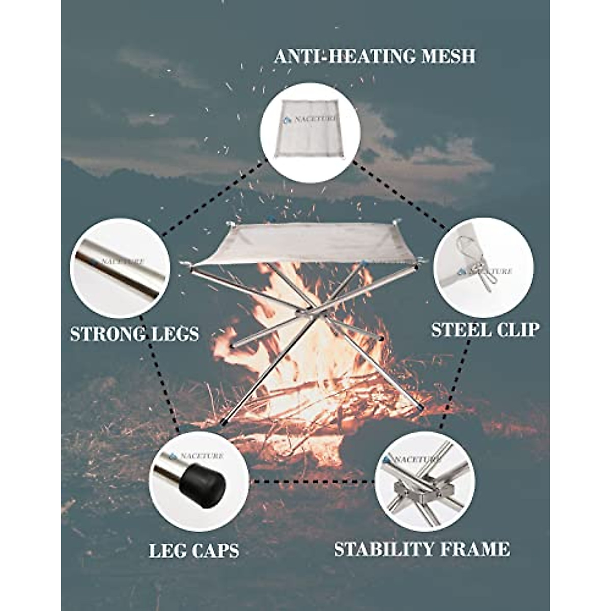 NACETURE 22 Inch Portable Outdoor Fire Pit - Portable Fire Pit Collapsing Stainless Steel Mesh Fireplace Foldable - Camping Gear for Patio, Backyard and Garden add 5 Pack Roasting Sticks