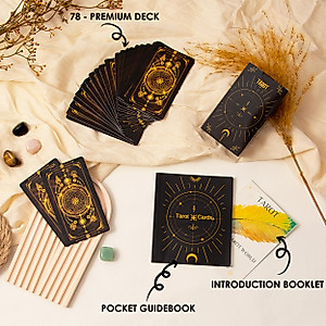 78 Tarot Cards with Guide Book, Black Tarot Deck Gift Set with Tarot Cloth, Chakra Stones and More, Tarot Cards Deck Fortune Telling Game Craft Cardboard for Beginners and Expert Readers
