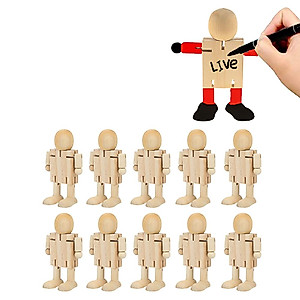 Natudeco 10PCS Toy People Set Unfinished Wood Toys Wooden Craft People Figures Unfinished Wooden Figures Kit Joint Adjustables Robot Paintable Childrens Early Learning Doll Toy Home Decoration