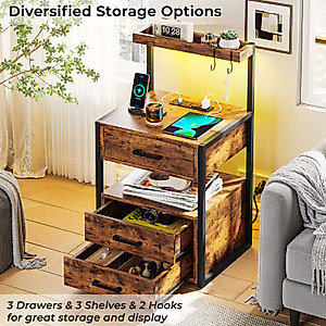 AOGLLATI Nightstand Set of 2 with Charging Station and LED Lights, Bedside Table with 3 Drawers and Open Storage Shelves, 2 USB Ports and 2 AC Outlets, LED Night Stand for Bedroom, Rustic Brown