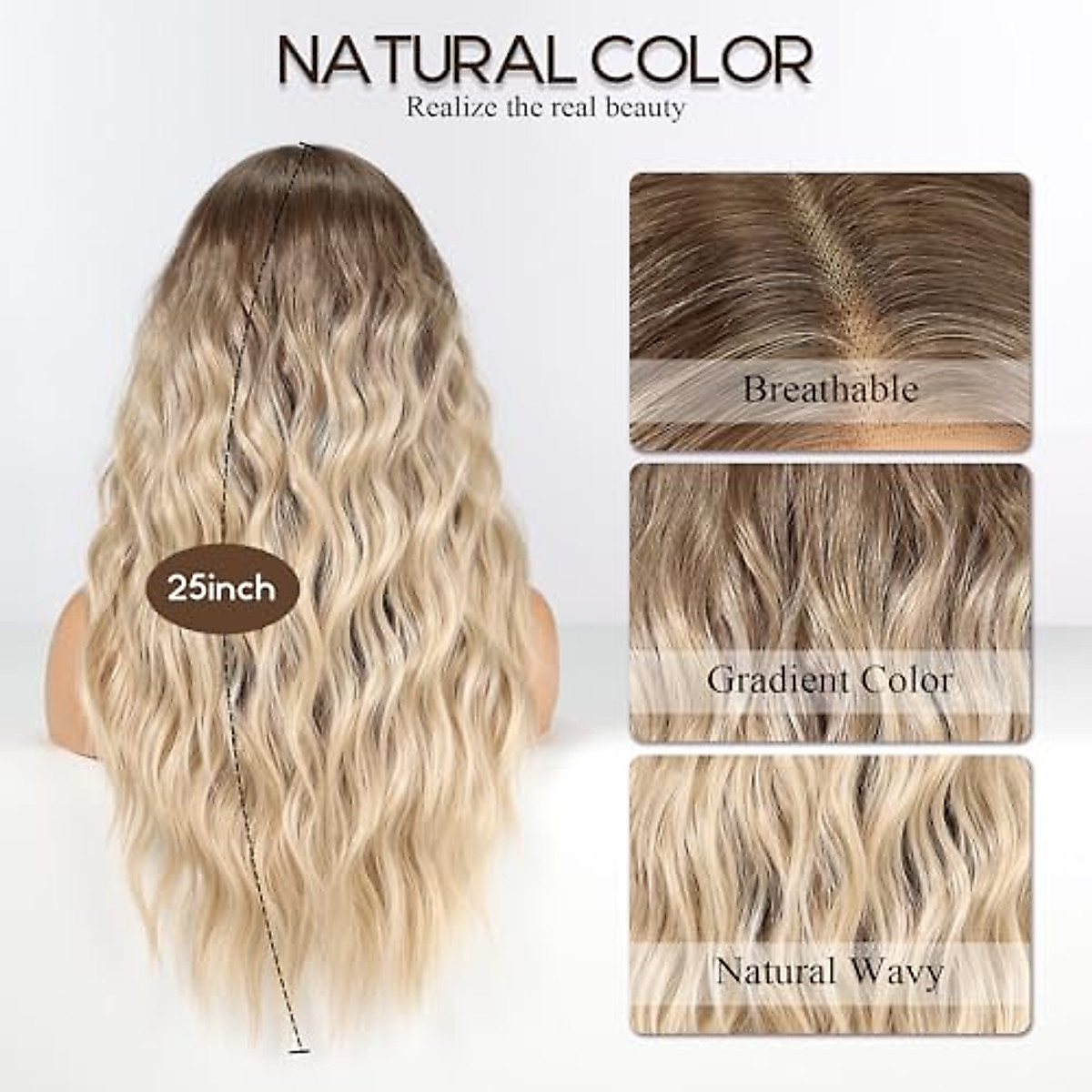 EMMOR Long Ombre Blonde Lace Front Wig for Women,25 Inch Natural Wavy Daily Hair Synthetic Lace Wigs Middle Part,Hand Tied/Longlife/Lightweight