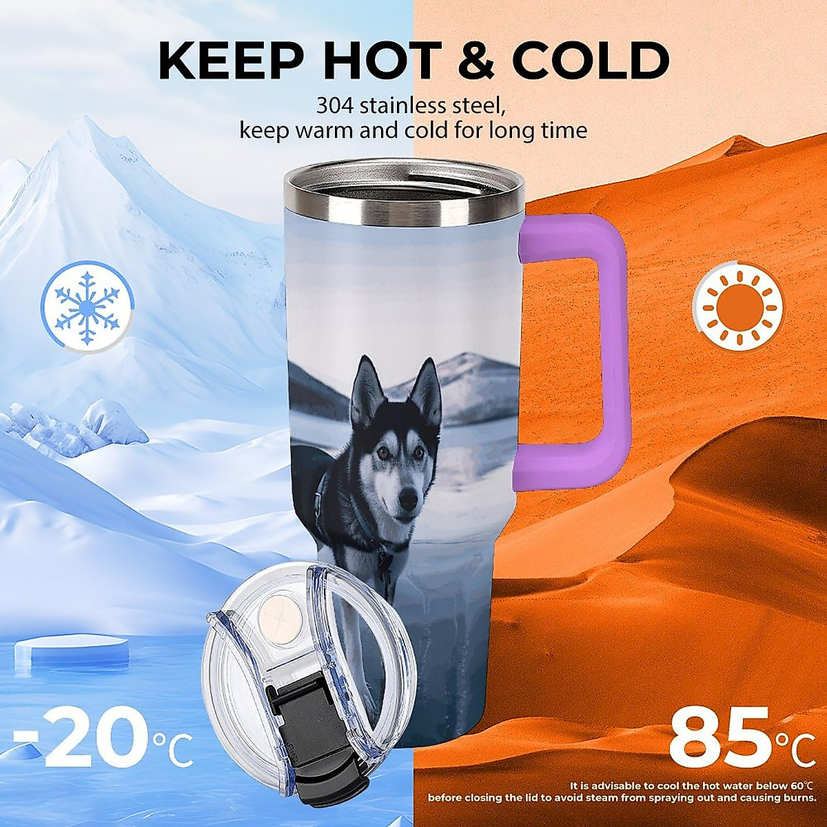 LLUTSNTH 40 Oz Vacuum Tumbler with Violet Handle Leakproof Insulated Tumbler Husky Dog on A Frozen Lake Stainless Steel Travel Mug with Lid And Straw Coffee Cup Cute Water Bottles Cup Holder Friendly