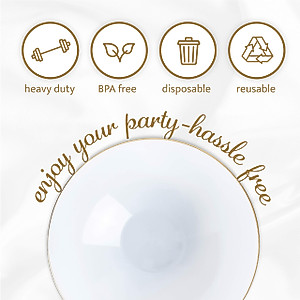PLASTICPRO [16 OZ 20 Count] White Plastic Floral Design Party Soup bowls With Gold Rim Premium heavyweight Elegant Disposable Tableware Dishes