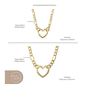 Jewelry Atelier Gold Filled Figaro Heart Necklaces – 14K Yellow Gold Filled Heart Pendant with Solid Figaro Chain for Women with Different Sizes (2.7mm, 4.5mm)