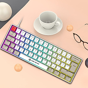 Mini Mechanical Gaming Keyboard Type-c Wired with PBT Dye-subbed Keycaps Rainbow RGB Backlit 60%Layout Full Anti-Ghosting 62 Key Ergonomic for Typist Laptop PC Mac Gamer (White Main/Red Switch)