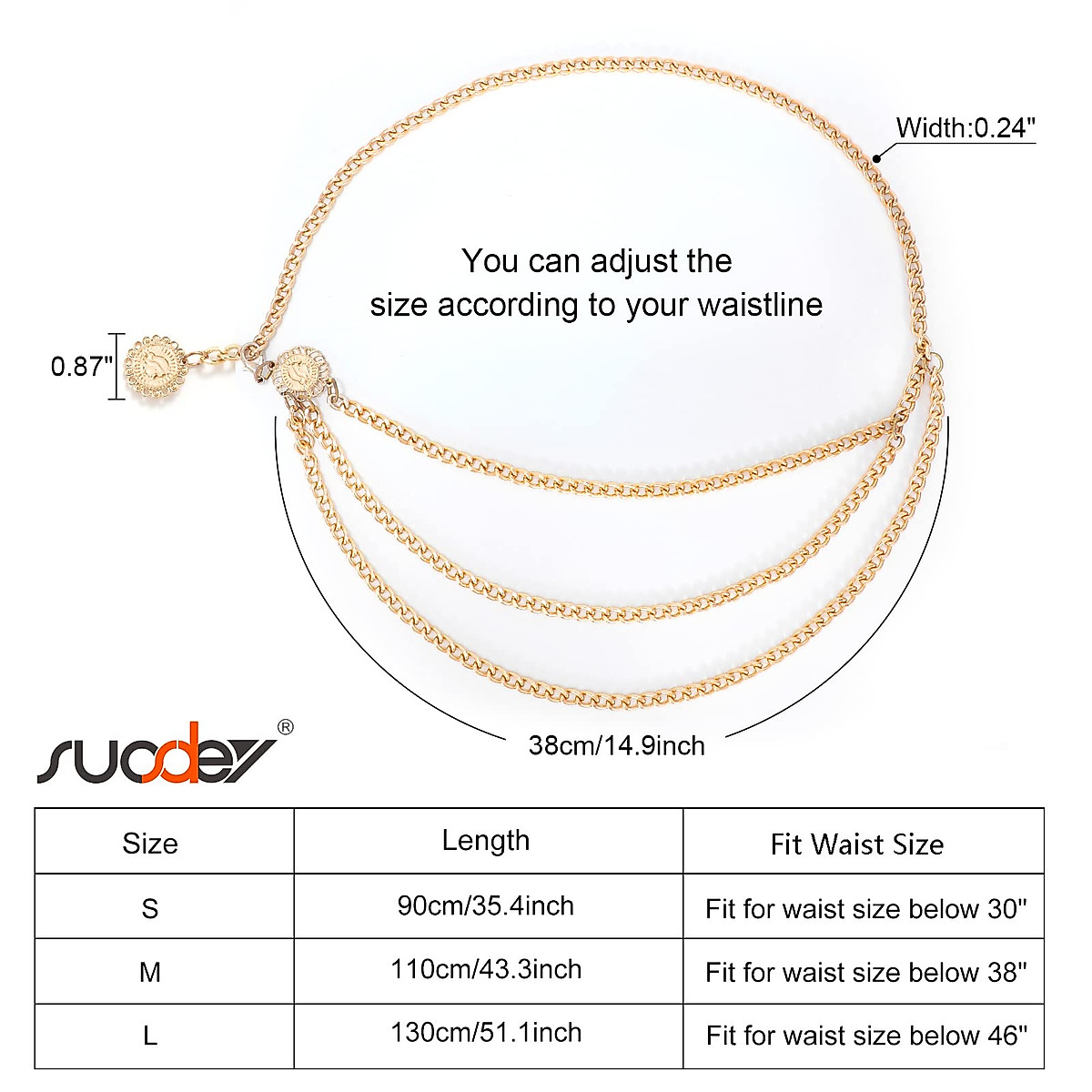 SUOSDEY Multilayer Chain Belts for Women Adjustable Metal Waist Chain Belt Fashion Belt for Pants Dresses, Gold