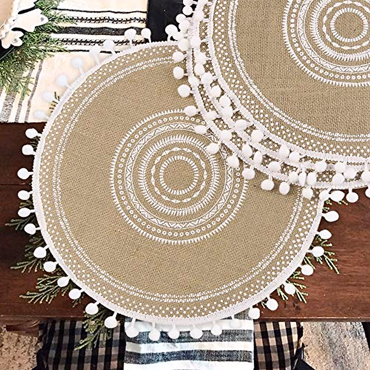Collive Boho Round Placemat 15 Inch - Farmhouse Woven Jute Fringe Table Mats Set of 4 with Pompom Tassel Place Mat for Dining Room Kitchen Table Decor, White Tribal Folk