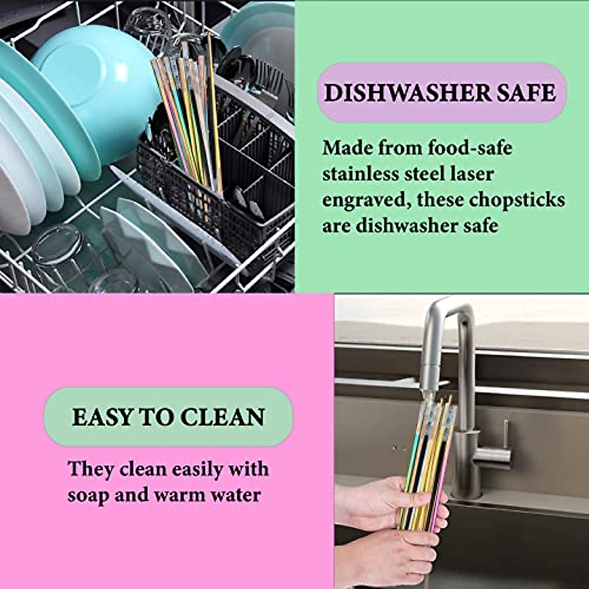 EMRSTORES Stainless Steel Chopsticks - Laser Engraved Premium Multicolor Reusable Chopsticks - 5 Pairs Dishwasher Safe Metal Chopsticks - Easy to Use - Square Lightweight Chop Sticks - Gift Set