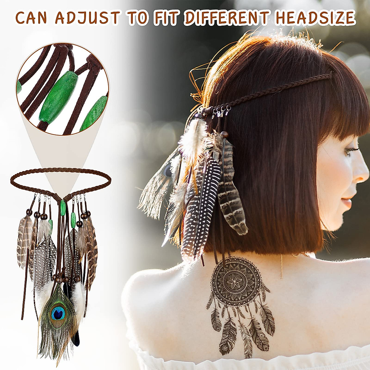 XunYee 4 Pack Halloween Feather Hair Clips Boho Feather Headband Hippie Hair Extensions with Feather Clip Comb Set for Women(Boho Style)