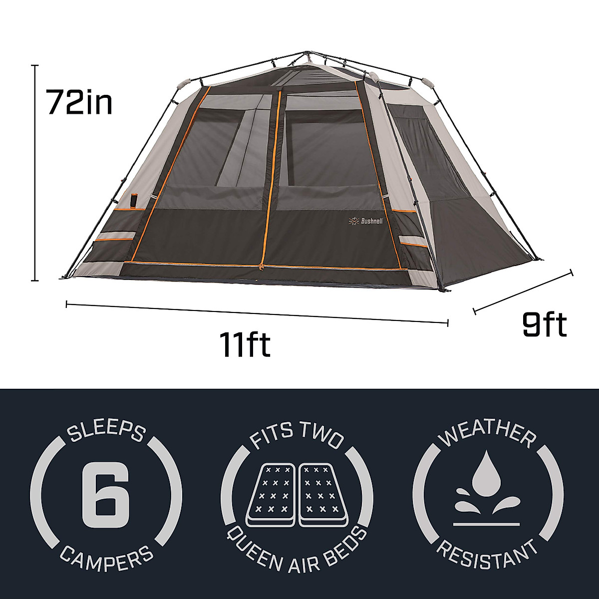 Bushnell Instant Tent | 6 Person / 9 Person / 12 Person Instant Tents Cabin Design Perfect for 3 Season Family Camping Essentials, Hunting, and Fishing with Fast Setup (6 Person)