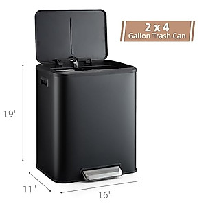 GAOMON Dual Bin Rectangular Trash Can, Stainless Steel Waste Bin with Lid, 30 Liters (2 X 15 L), Trash Can with Recycling Bin Combination, Soft Close and Airtight Lid - Black